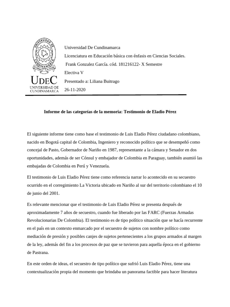 Informe Testimonio Luis Eladio Pèrez | PDF | Testimonio