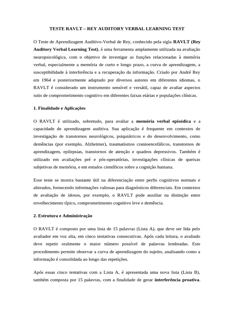 Teste RAVLT: Avaliação da Memória Verbal | PDF | Aprendizado | Memória