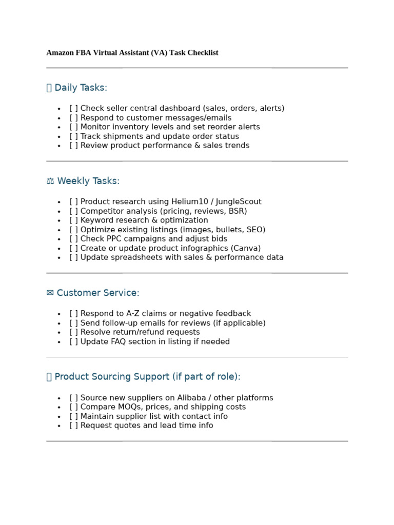 Amazon FBA VA Task Checklist Guide | PDF