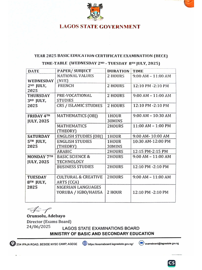 Yr2025 Bece Time Table | PDF