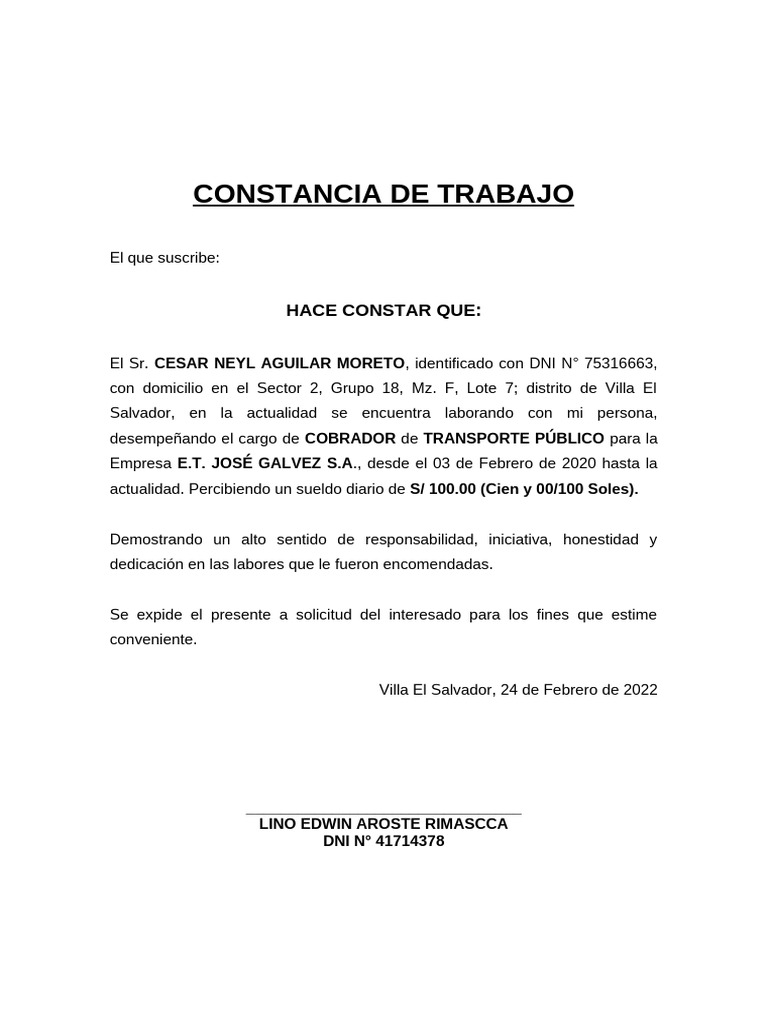 Constancia Laboral De Conductor Pdf