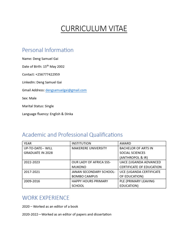 CURRICULUM VITA1 For Deng Samuel Gai 10 | PDF