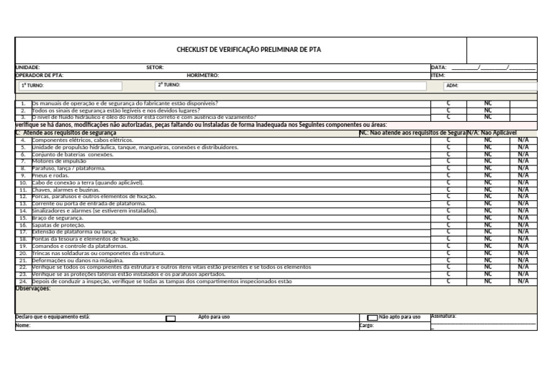 Checklist de Verificação Preliminar de PTA | PDF | Parafuso