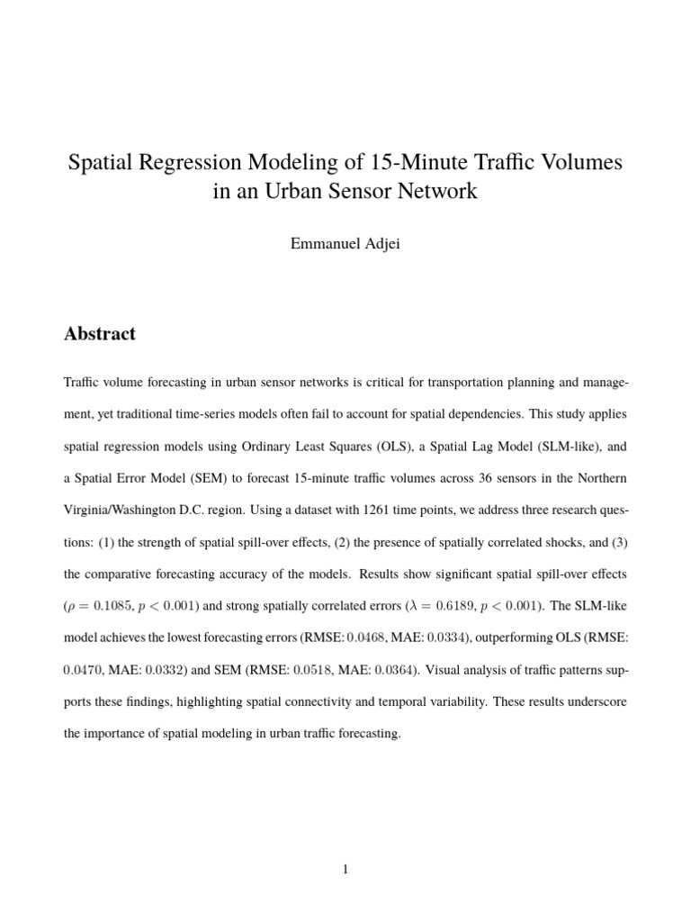 Spatial Regression Modeling of 15-Minute Tra Ic Volumes in An Urban Sensor Network | PDF ...