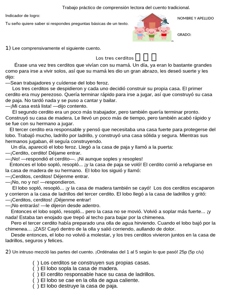Trabajo Práctico de Comprensión Lectora Del Cuento Tradicional | PDF