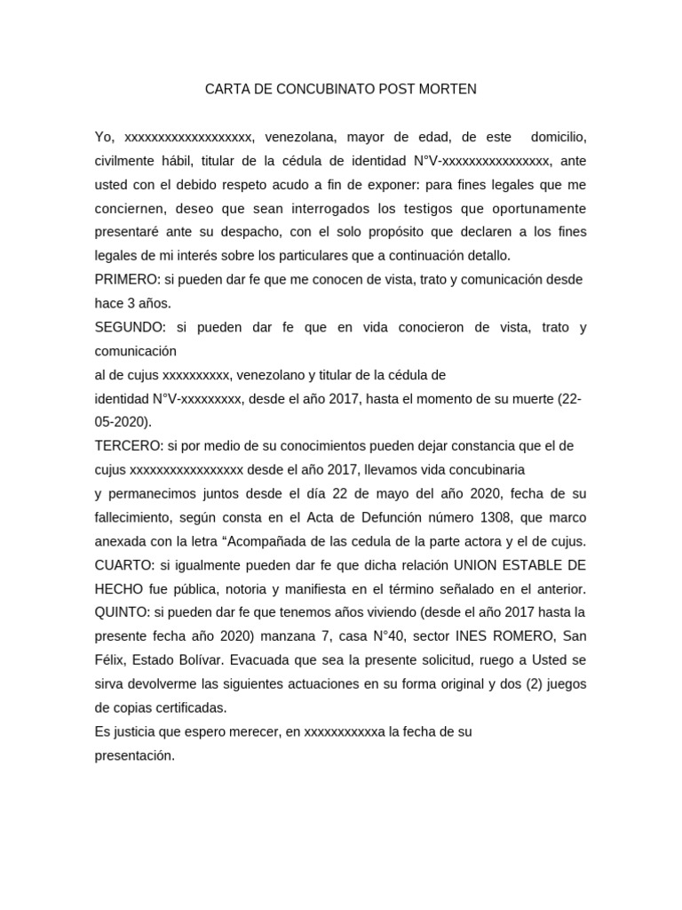 Modelo Carta de Concubinato Post Morten | PDF