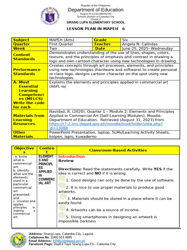 MAPEH 6 - (Arts) Q1 - June 25, 2025 | PDF | Human Communication