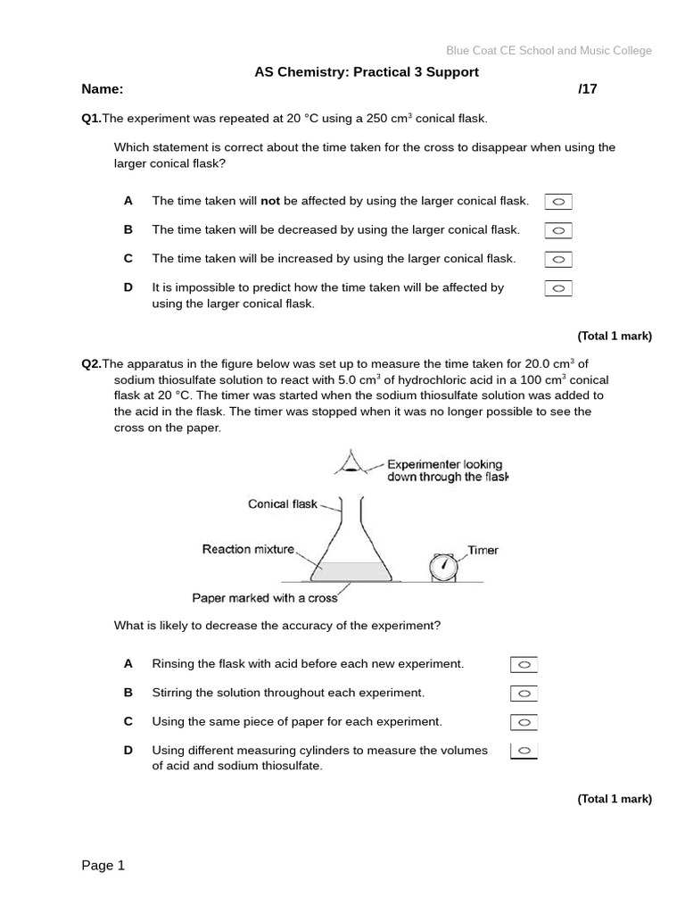 AS Chemistry Practical 3 Guide | PDF | Reaction Rate | Slope