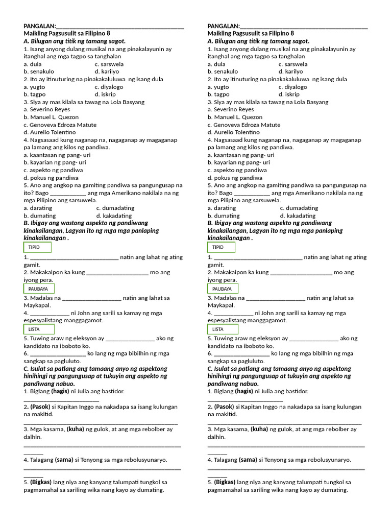 Quiz Sa Filipino 8 - Sarswela - Pokus NG Pandiwa | PDF