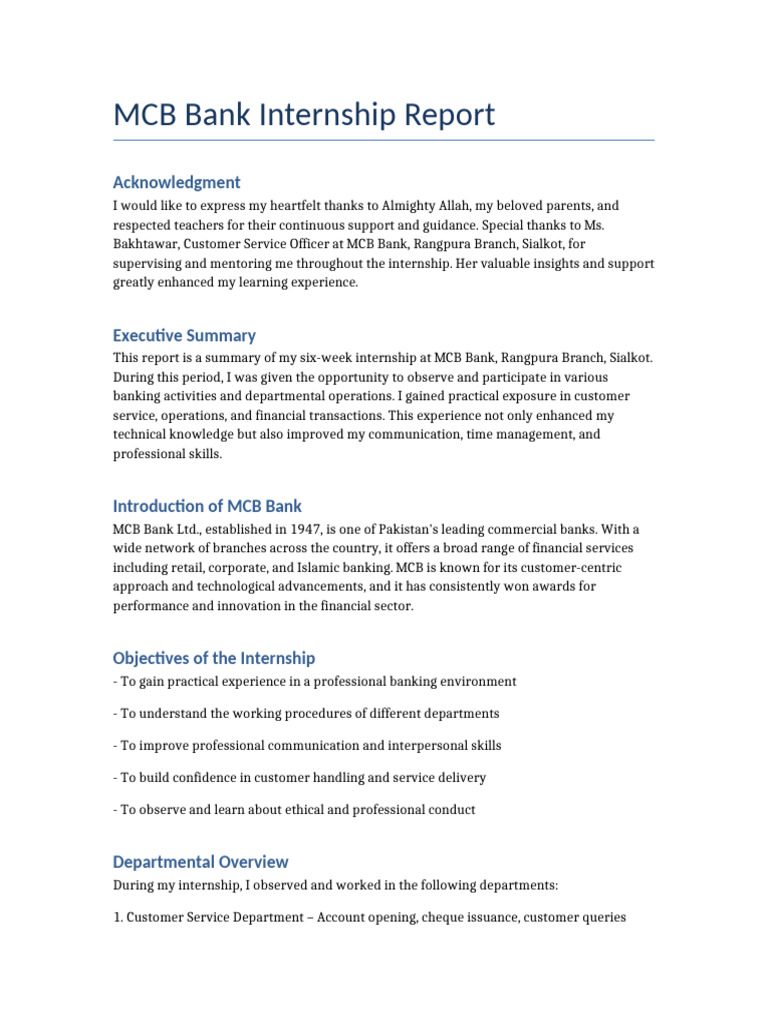 Sample MCB Internship Report | PDF | Banks | Knowledge