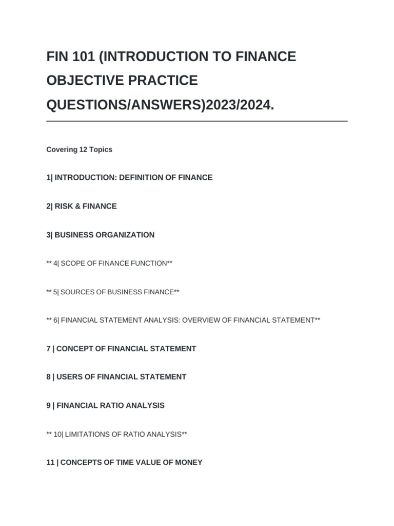 Fin 101 (Introduction To Finance Objective Practice Quest&Ans.) | PDF | Equity (Finance ...