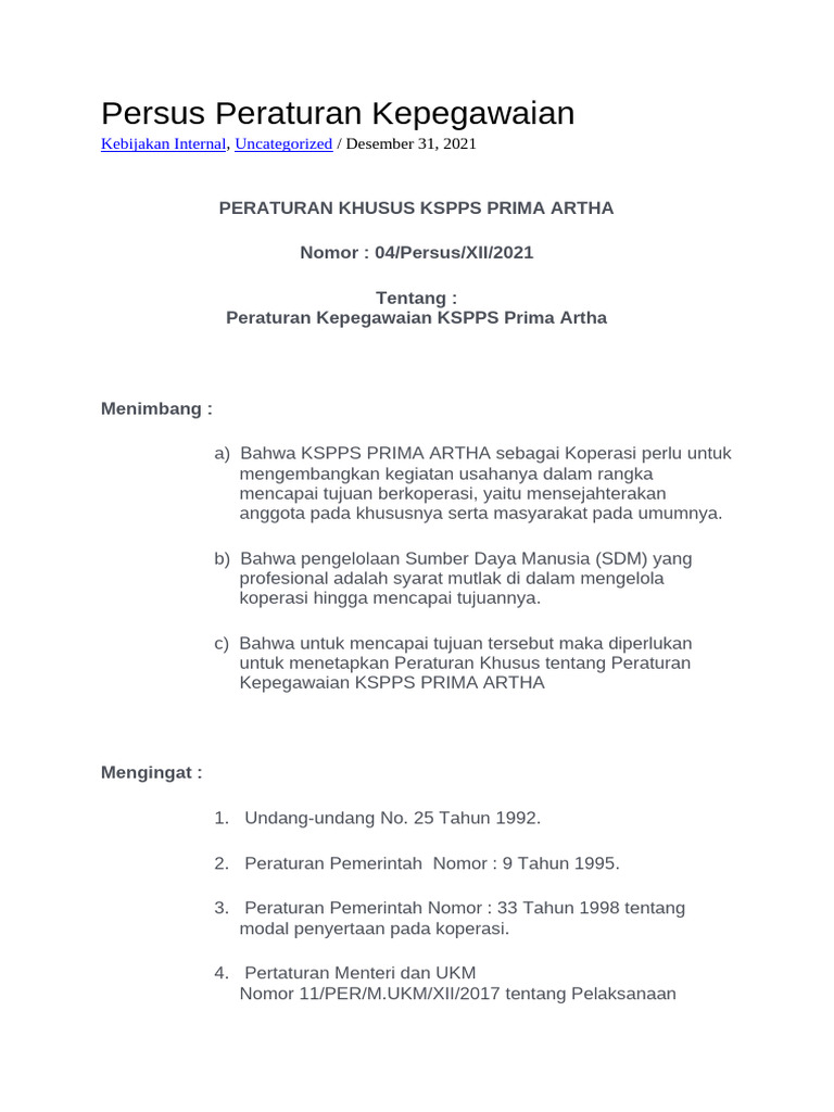 Peraturan Kepegawaian KSPPS Prima Artha | PDF