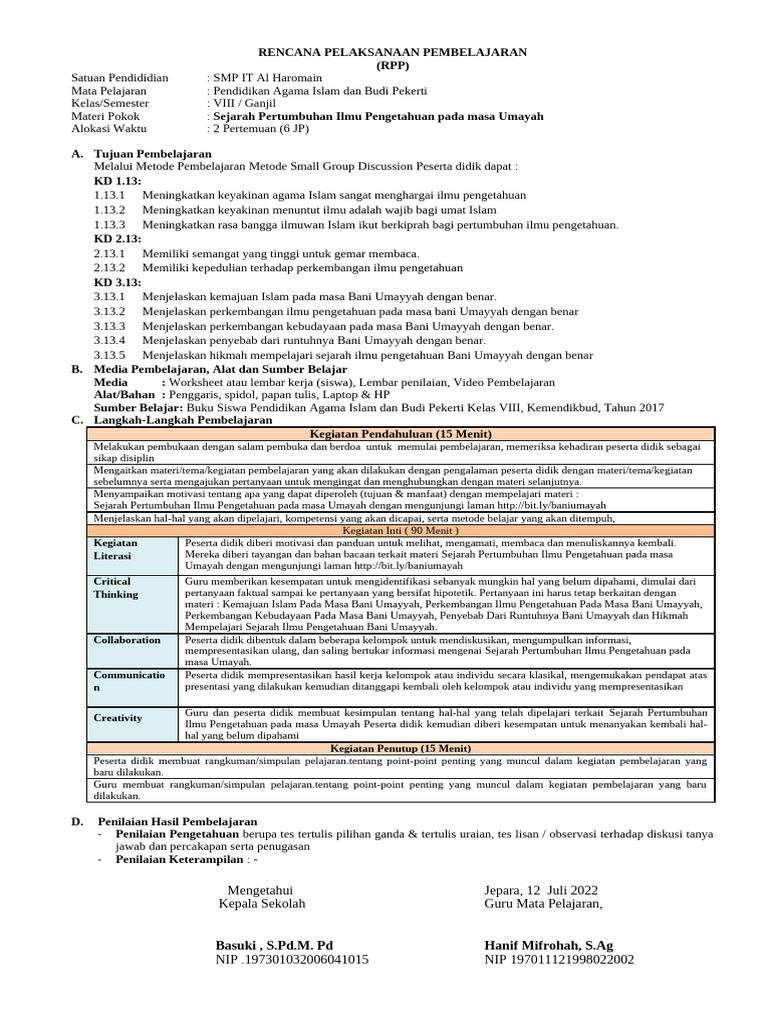 6. Rpp 1 Lembar Pai Kelas 8 k13 (Bani Umayah) (1) | PDF