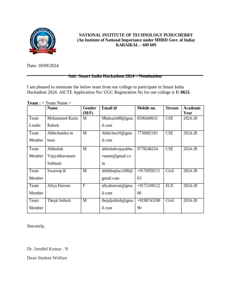 NITPY College Authorization Letter SIH2024 | PDF