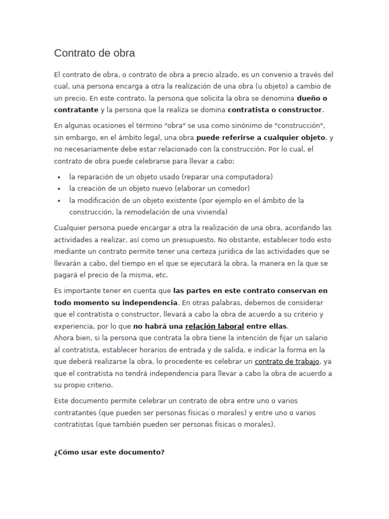Contrato de obra: guía y modelo práctico | PDF | Contratista general