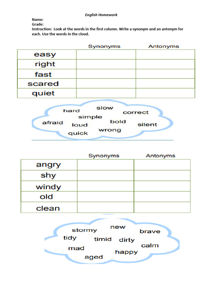ENGLISH HOMEWORK SynonymS and An AntonymS | PDF