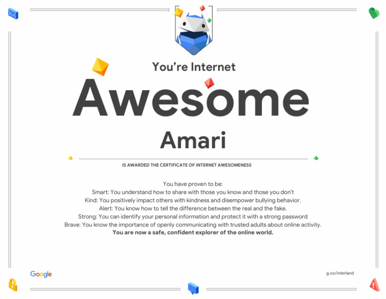 Google Interland Amari Certificate of Awesomeness | PDF