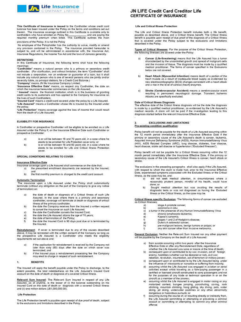 JN Life Credit Card Insurance Certificate | PDF | Insurance ...