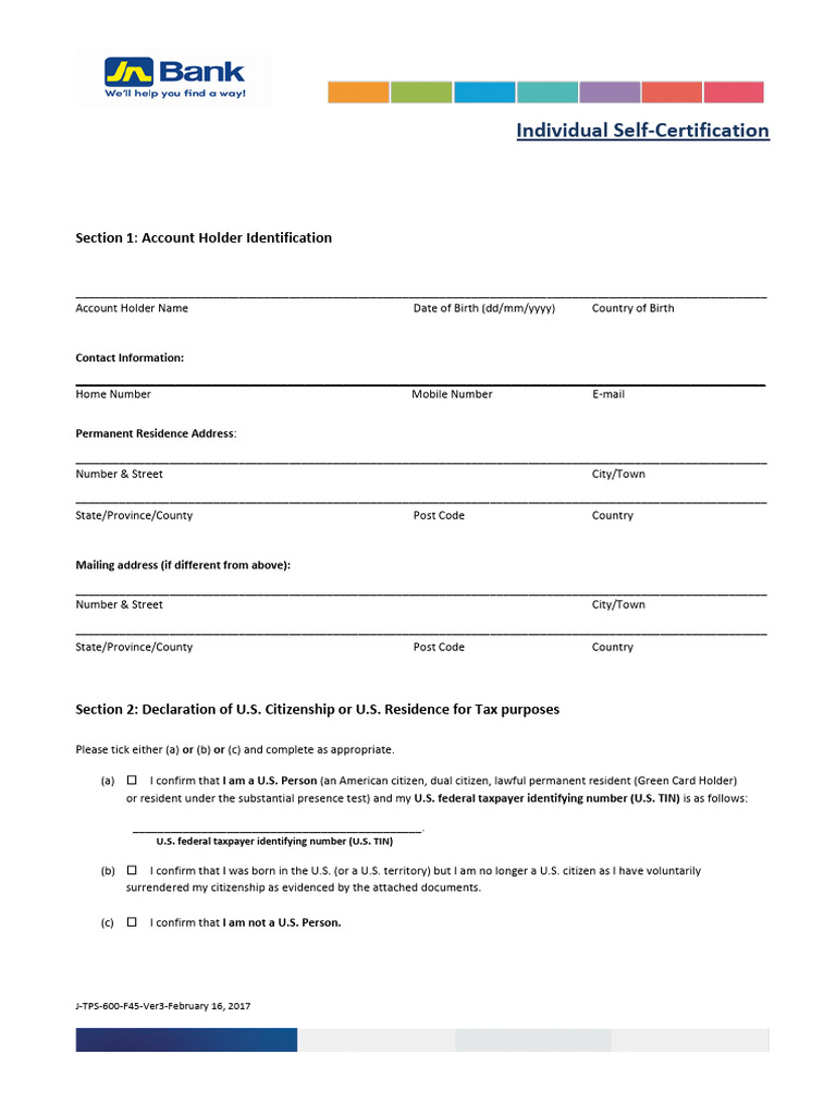 Individual Self-Certification Form | PDF | Citizenship Of The United ...