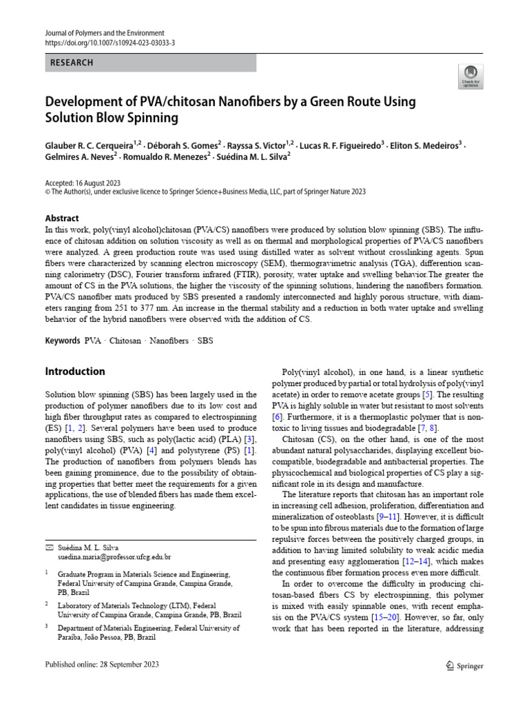PVA/Chitosan Nanofibers via Green SBS | PDF | Differential Scanning ...