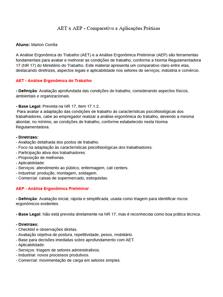 AET vs AEP: Comparativo Ergonômico | PDF | Setor terciário da economia ...
