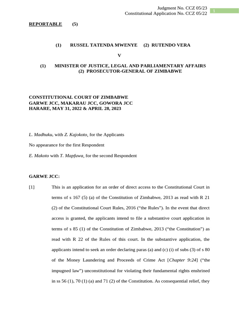 CCZ 5 - 23 Russel Tatenda Mwenye and Anor V Minister of Justice, Legal ...