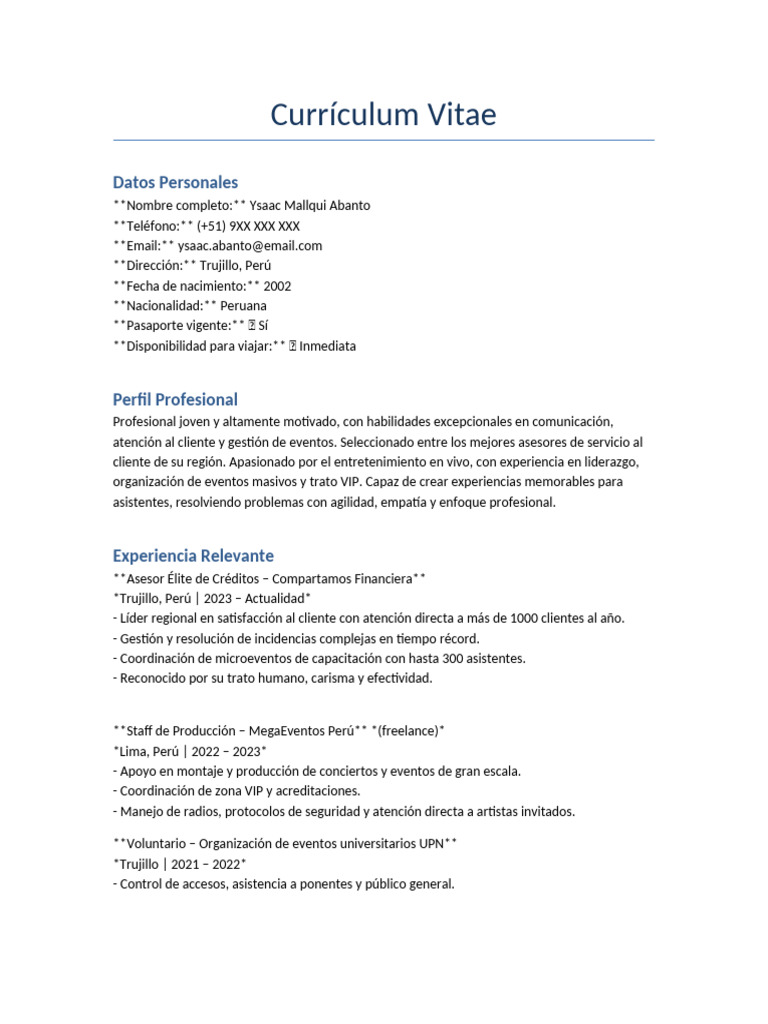 CV Ysaac Mallqui La Velada | PDF | Perú