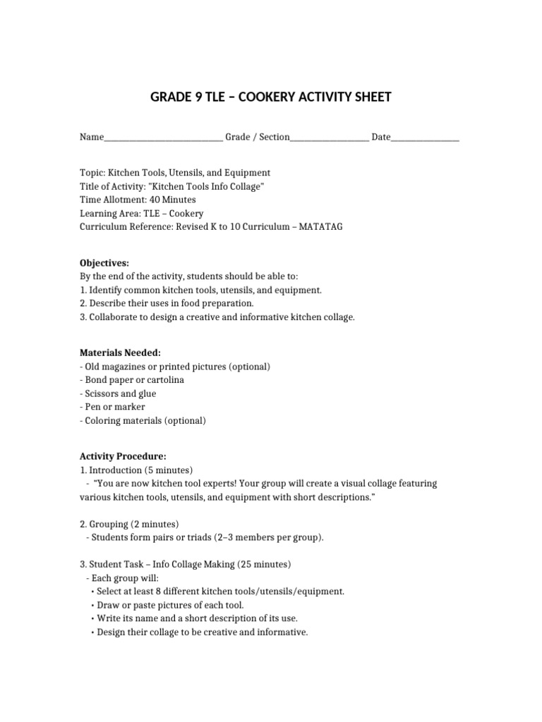 Grade9 TLE KitchenTools Activity Sheet | PDF