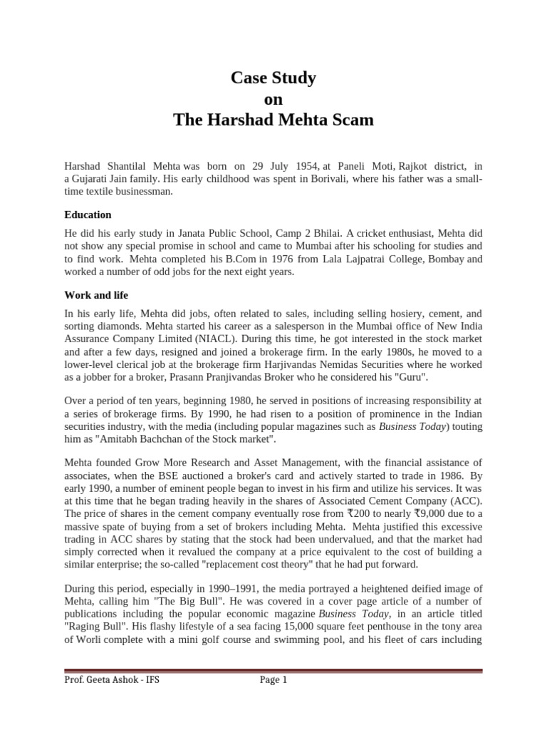 Case Study On The Harshad Mehta Scam | PDF | Financial Markets | Financial Economics
