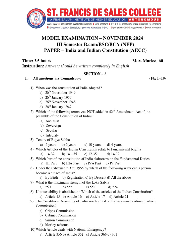 Indian Constitution Model Exam 2024 | PDF | Legal Documents | Statutory Law