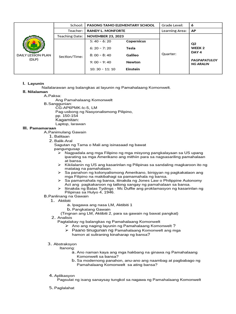 Ap6_lesson-Plan - November 23, 2023 | PDF