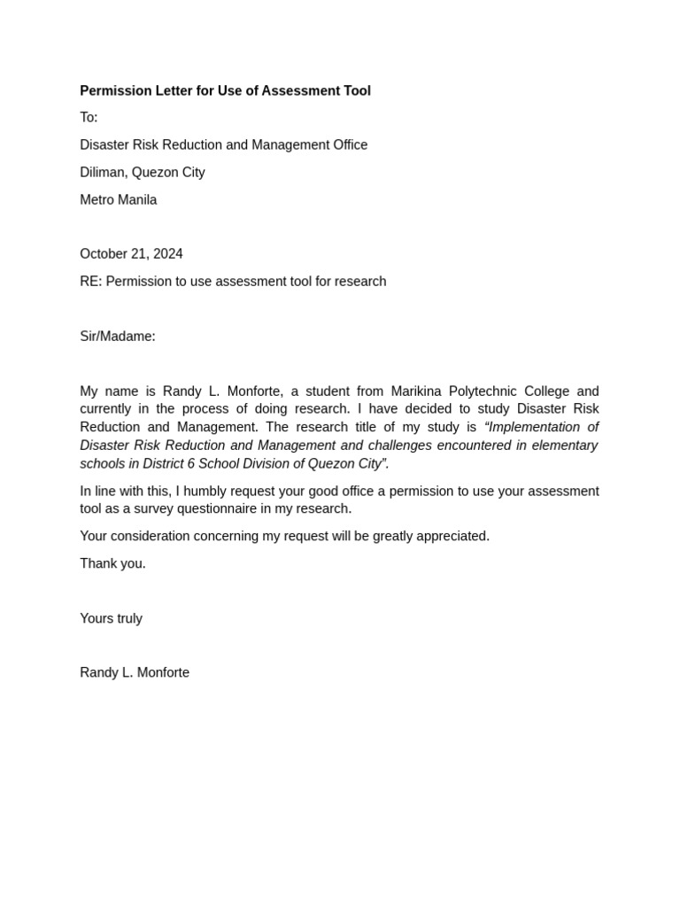 Permission Request for Assessment Tool | PDF