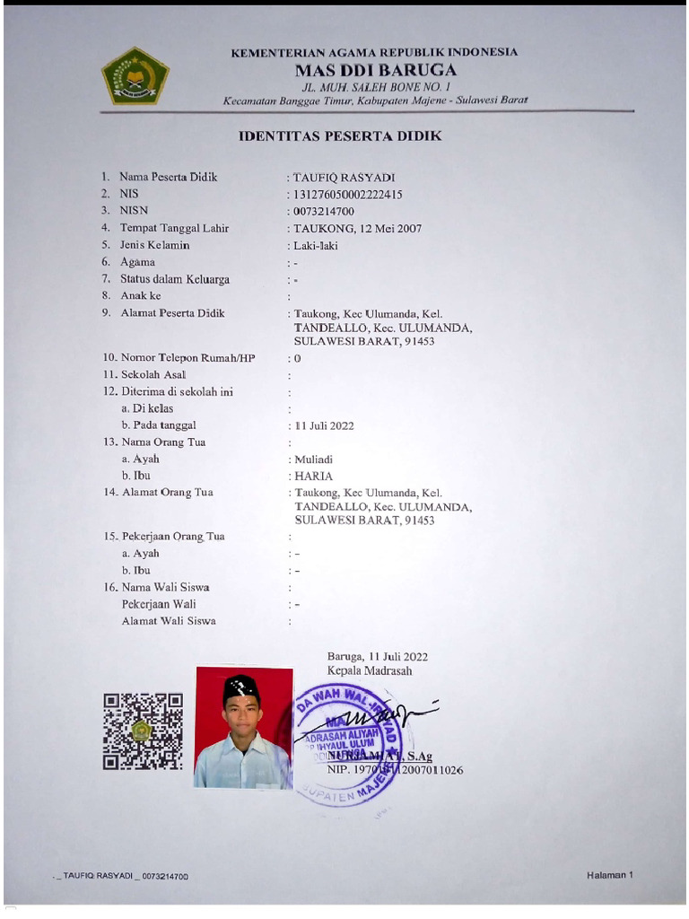 Rapor Halaman Identitas Santri | PDF