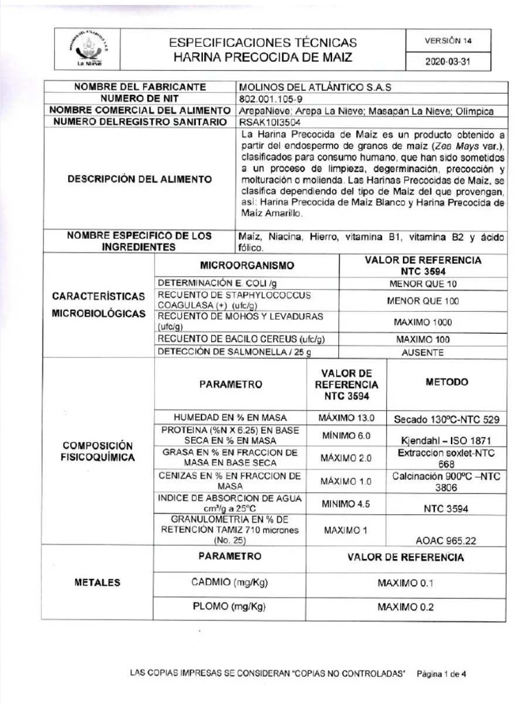 PDF Ficha Tecnica Harina Precocida de Maiz La Nieve - Compress | PDF