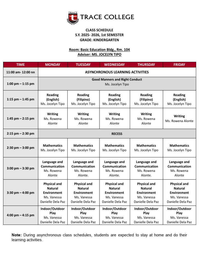 Kindergarten-Class Schedule S.Y. 2025-2026. | PDF