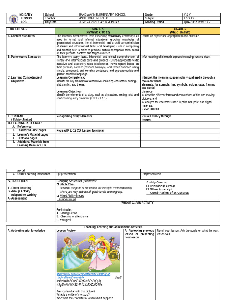 Dll-Q1-W1-Day1.english - Matatag | PDF | Plot (Narrative) | Semantics