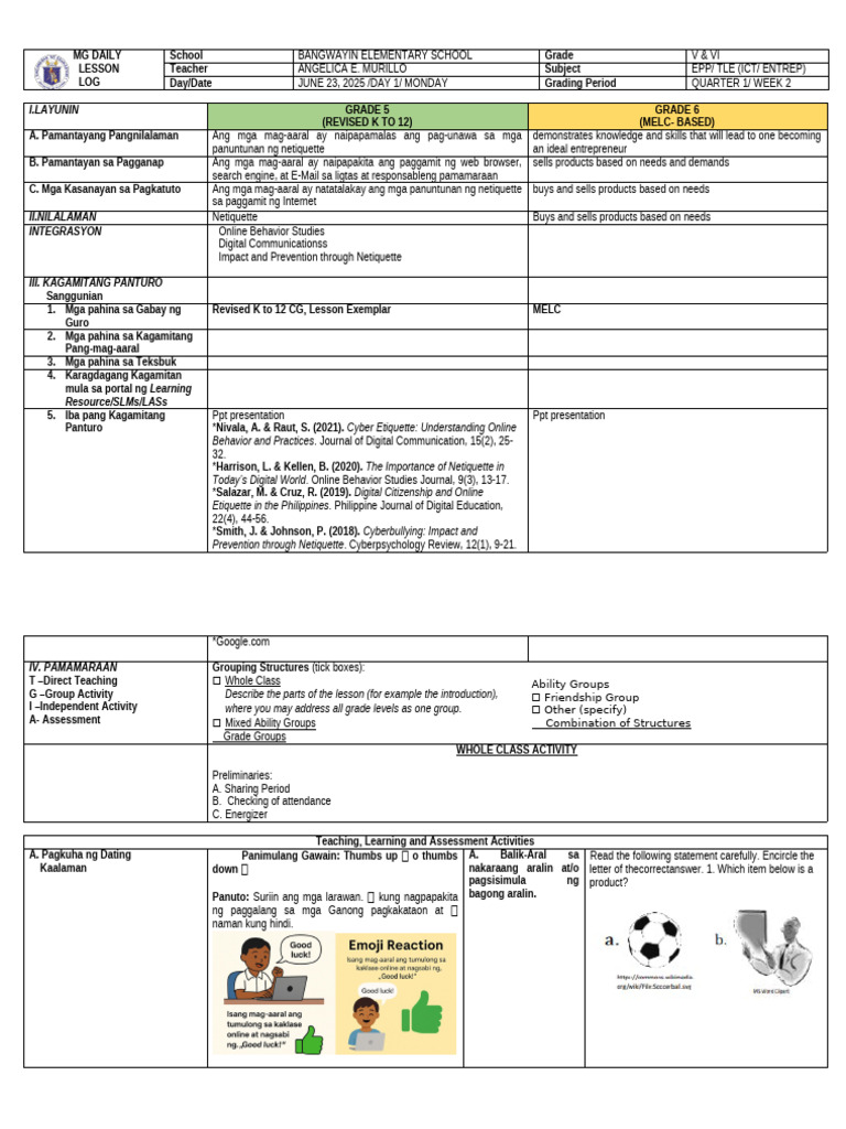 Dll-Q1-W1-Day1.epp - Matatag | PDF | Differentiated Instruction | Human ...