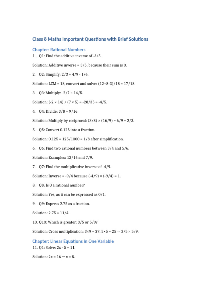 Class 8 Maths All Chapters Brief Solutions | PDF | Mathematical Objects | Algebra