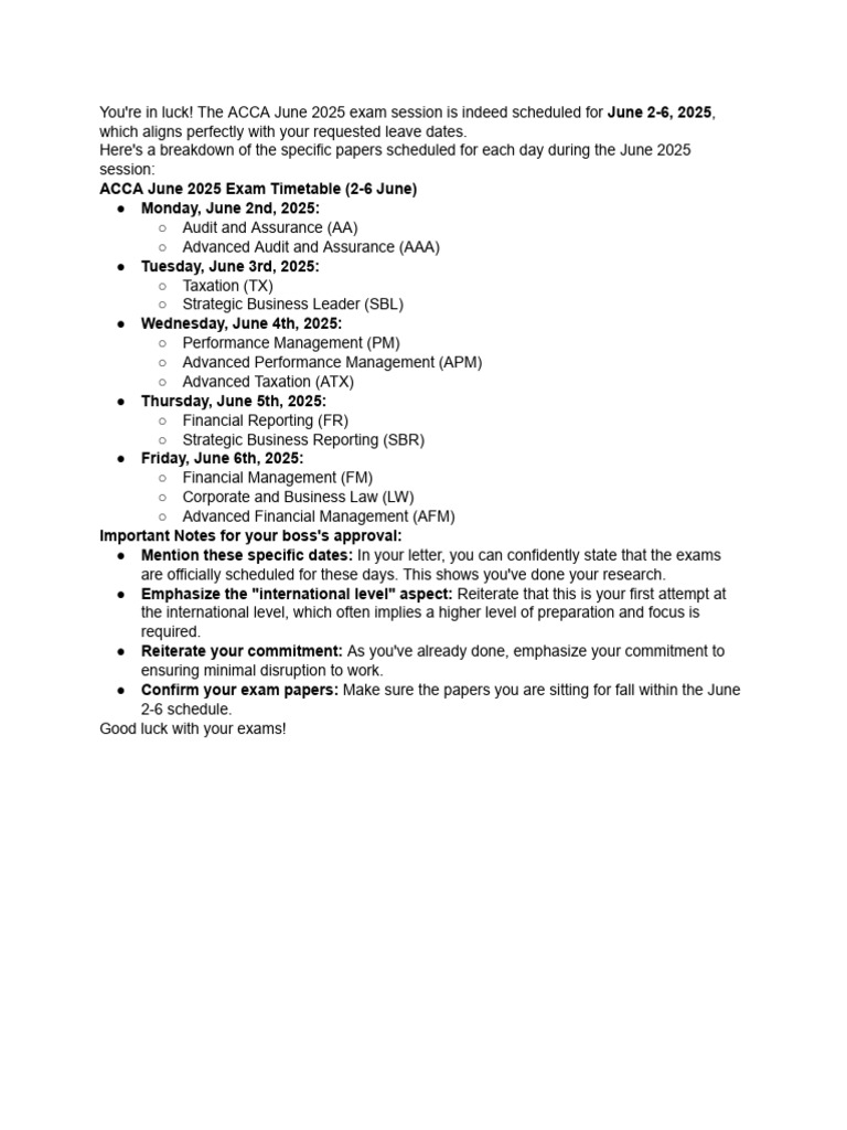 ACCA June 2025 Exam Schedule | PDF