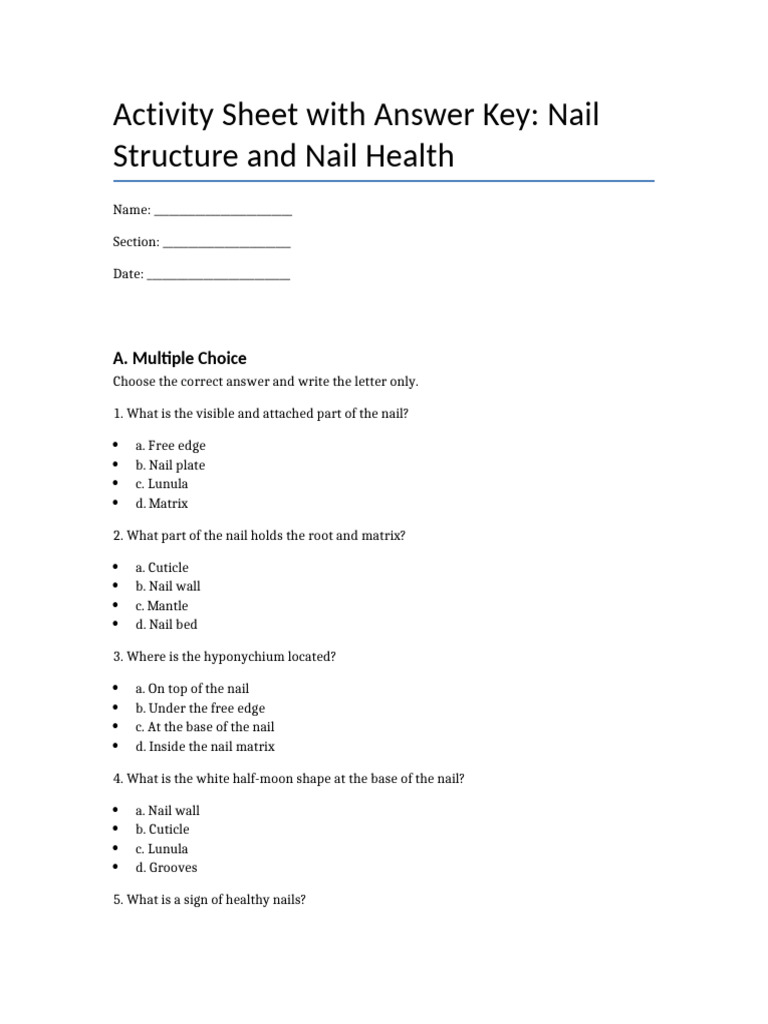 Nail Structure Activity Sheet & Answers | PDF