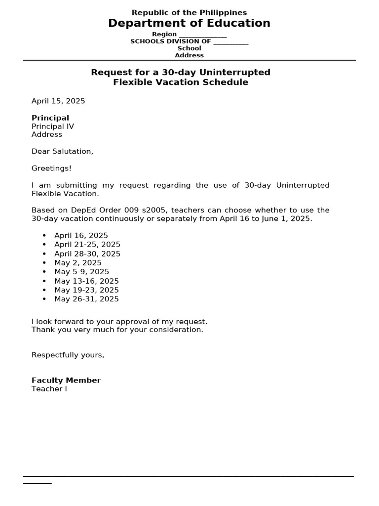 Letter For Request of Vacation Leave - Format | PDF