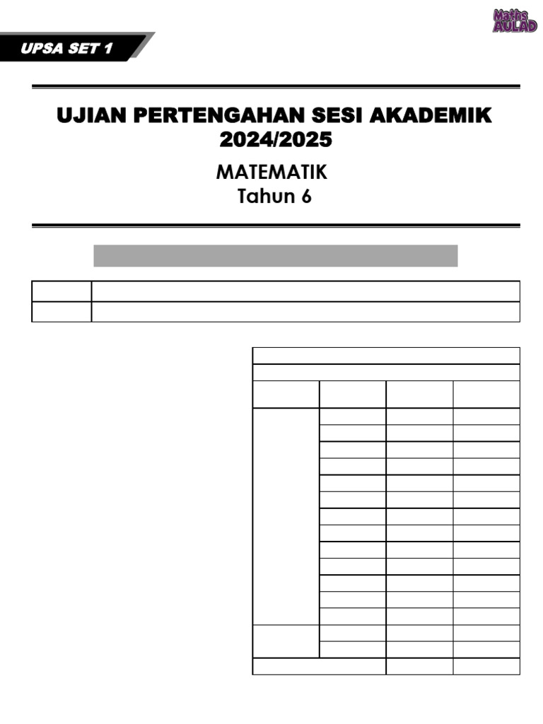 Set 1 - Upsa Maths Aulad 2024 Tahun 6 | PDF