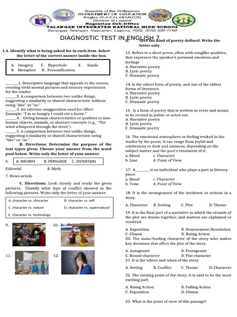 English 7 Diagnostic Test | PDF | Climate Change | Poetry