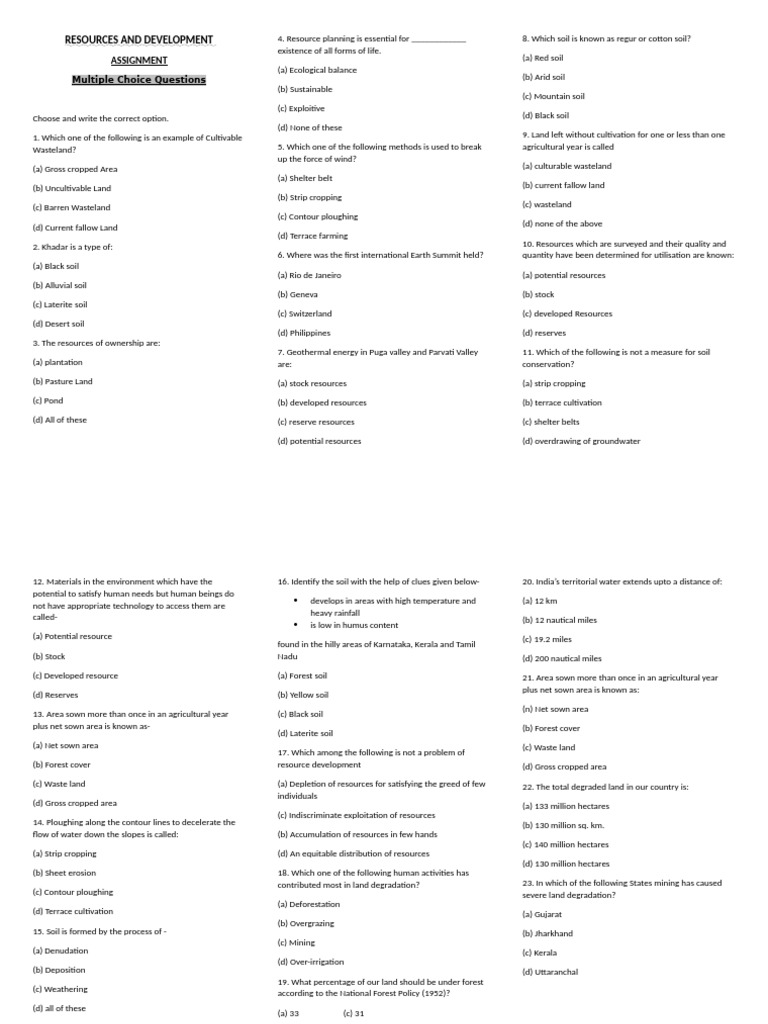 Resources and Development MCQ Assignment | PDF | Soil | Agriculture