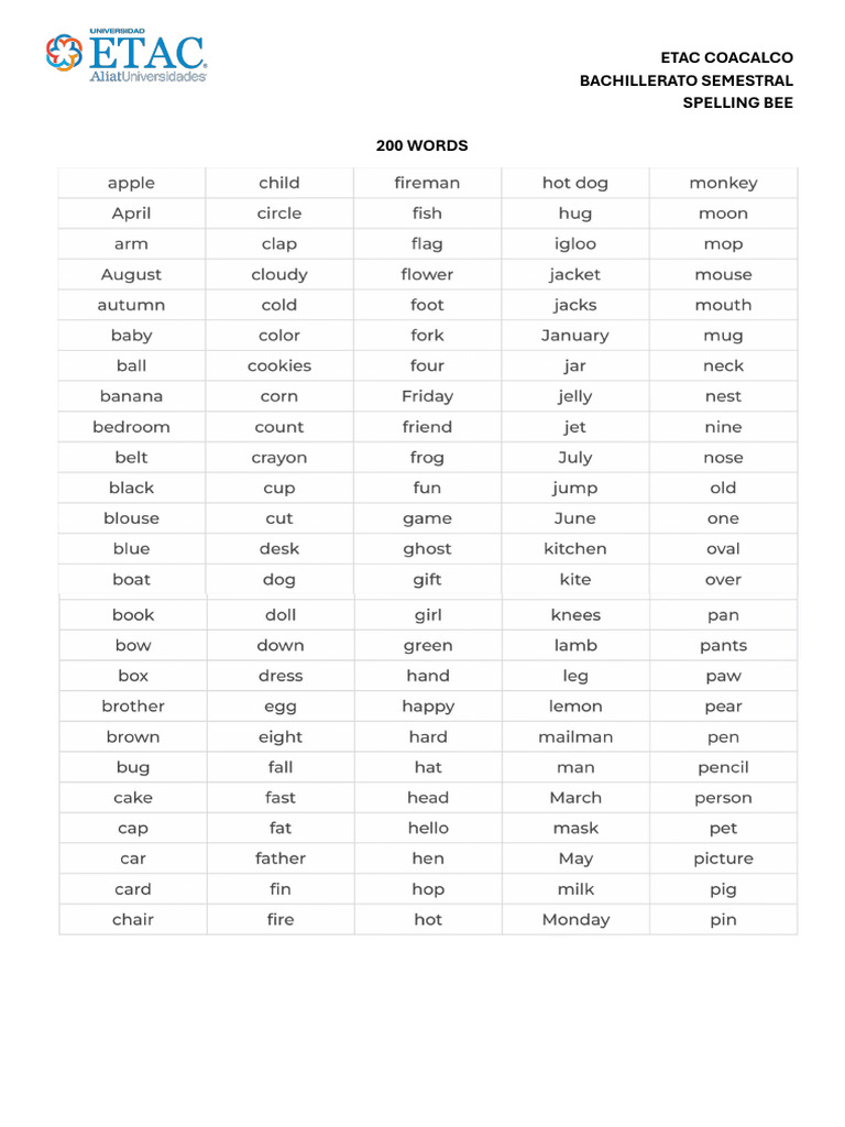Spelling Bee - List 1 - SEMESTRAL Un Abecedario para Deletrear Ingles | PDF