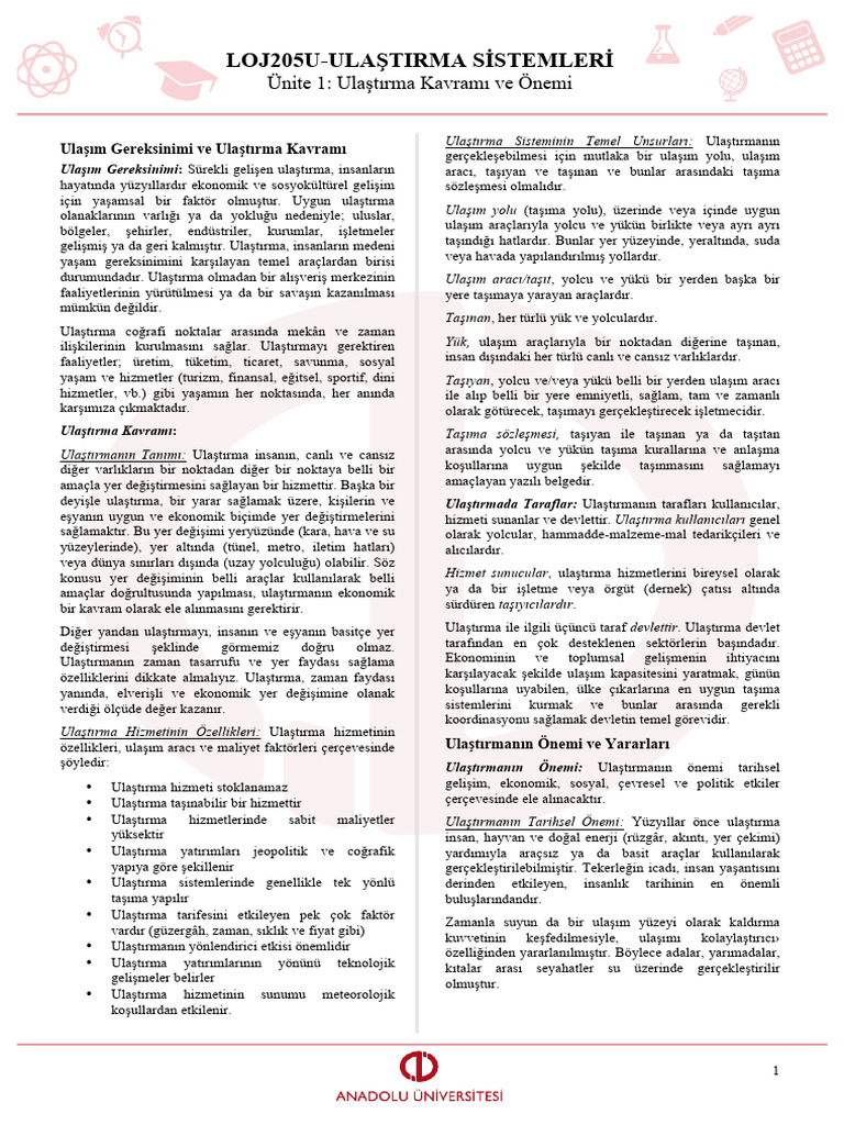 LOJ205U-ULA Tirma S Stemler: Ünite 1: Ula Tırma Kavramı Ve Önemi | PDF