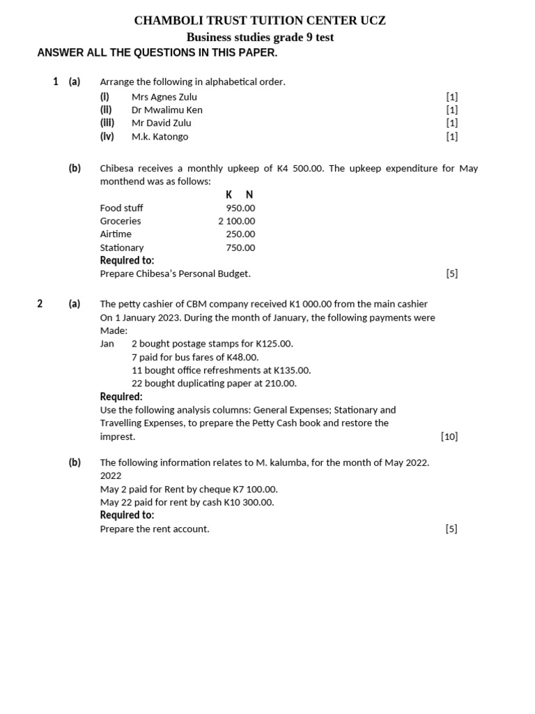 Grade 9 Business Studies Test Guide | PDF | Bookkeeping | Money