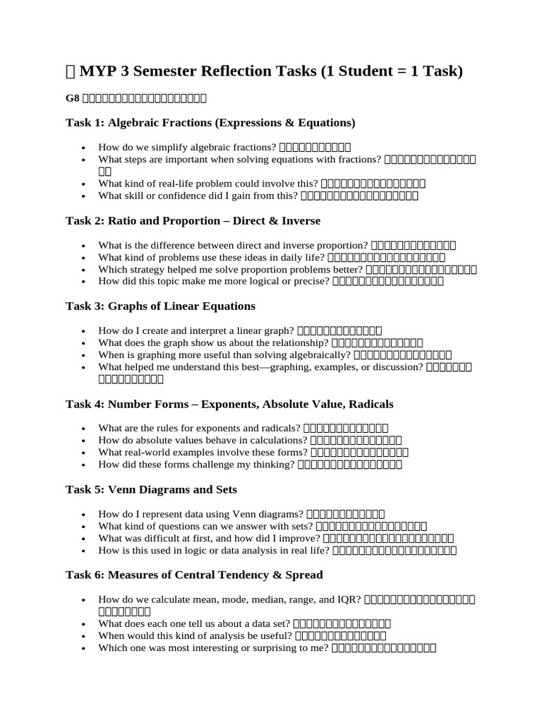 ? MYP 3 Semester Reflection Tasks | PDF | Equations | Algebra