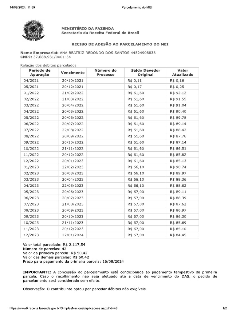 Relatorio de Parcelamento 42 Parcela | PDF