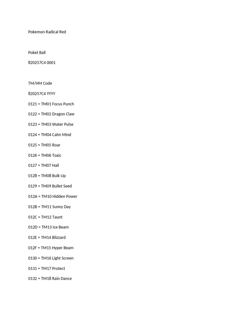 Radical Red Item and Move Codes | PDF